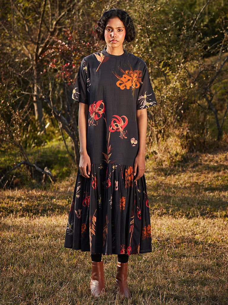 Rustling Leaves Dress | Womens Black Midi Dress | Khara Kapas | IKKIVI