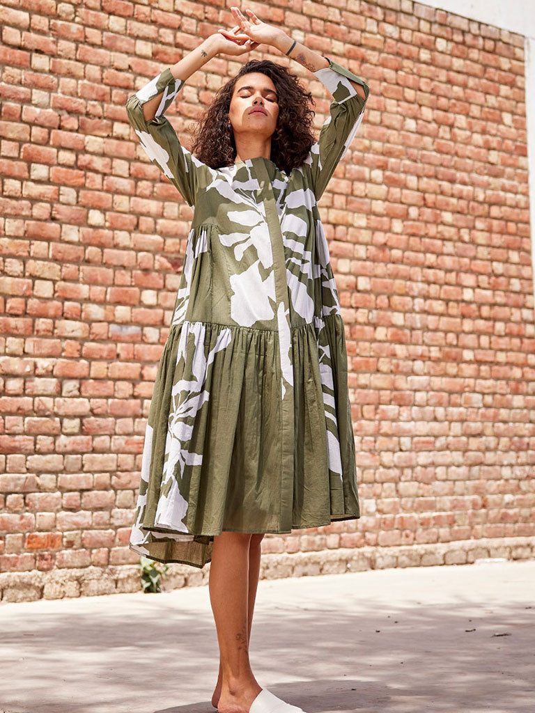 Nimboli Dress | Womens Green Midi Dress | Khara Kapas | IKKIVI