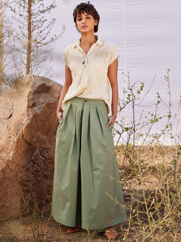Sage Flare Pants | Womens Green Cotton Pants | Khara Kapas | IKKIVI