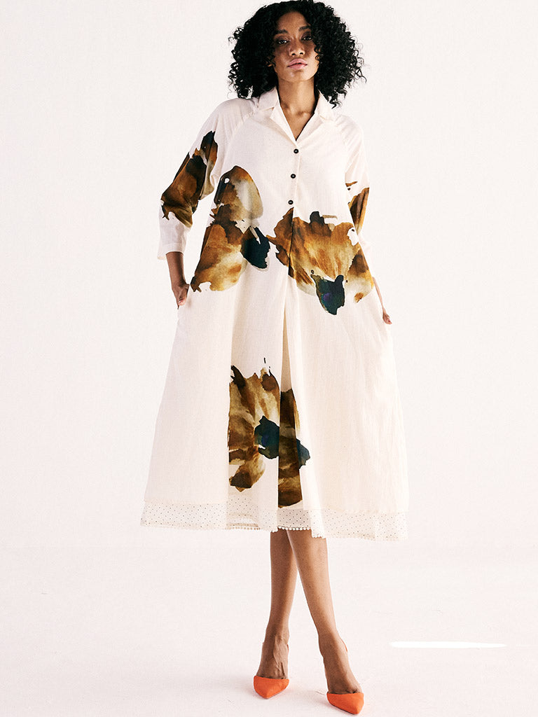 Wild Carnations | Womens Off-White Midi Dress | Khara Kapas | IKKIVI