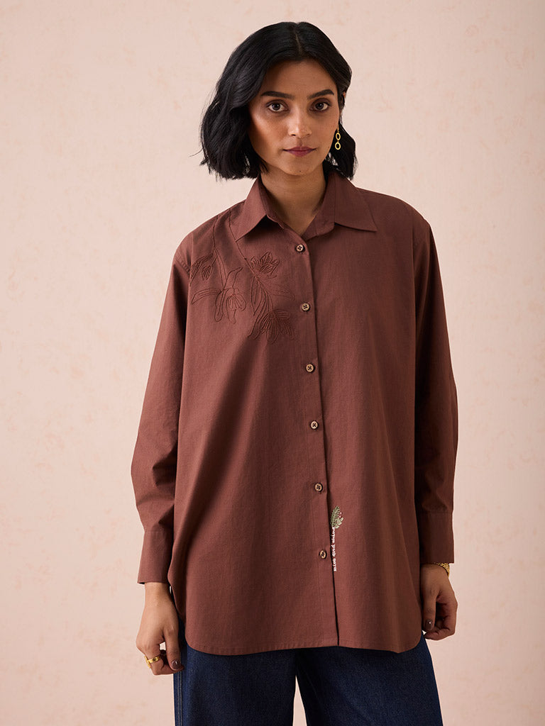 The Rise Shirt | Womens Brown Embroidered Shirt | SUI | IKKIVI